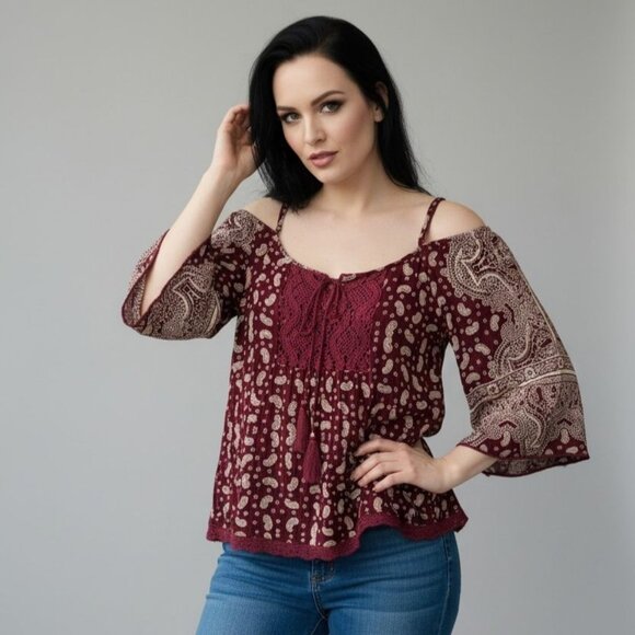Angie | Tops | Angie Burgundy Offshoulder Paisley Top Crochet Detail ...